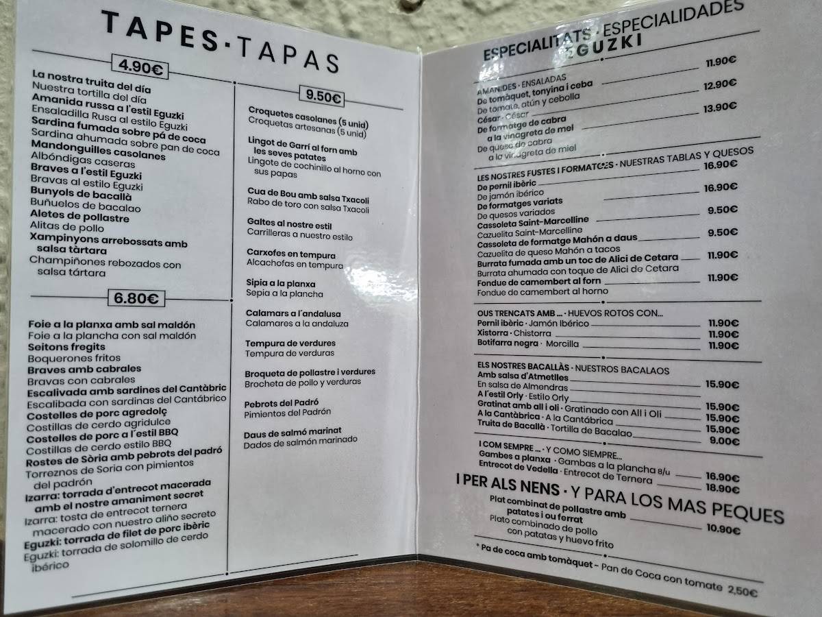 Carta del restaurante Lizarran - Eguzki, Sitges