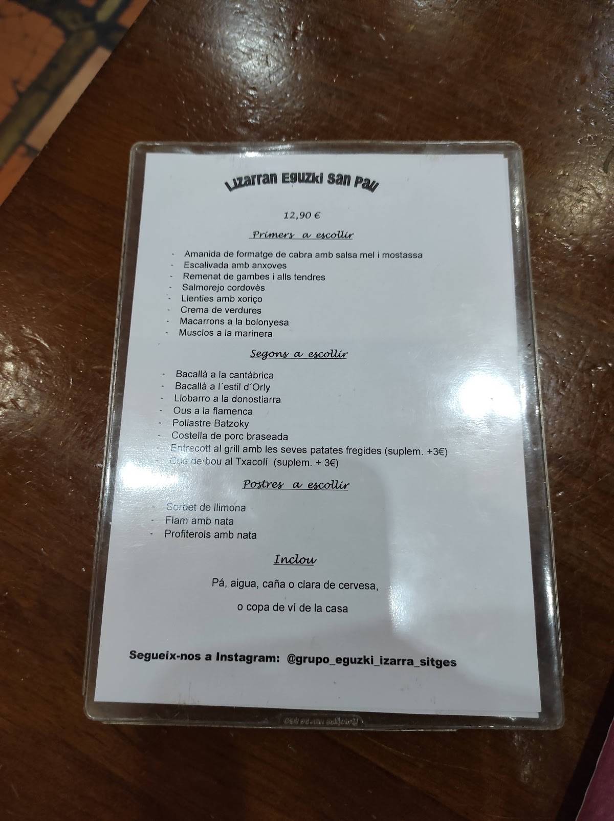 Carta del restaurante Lizarran - Eguzki, Sitges