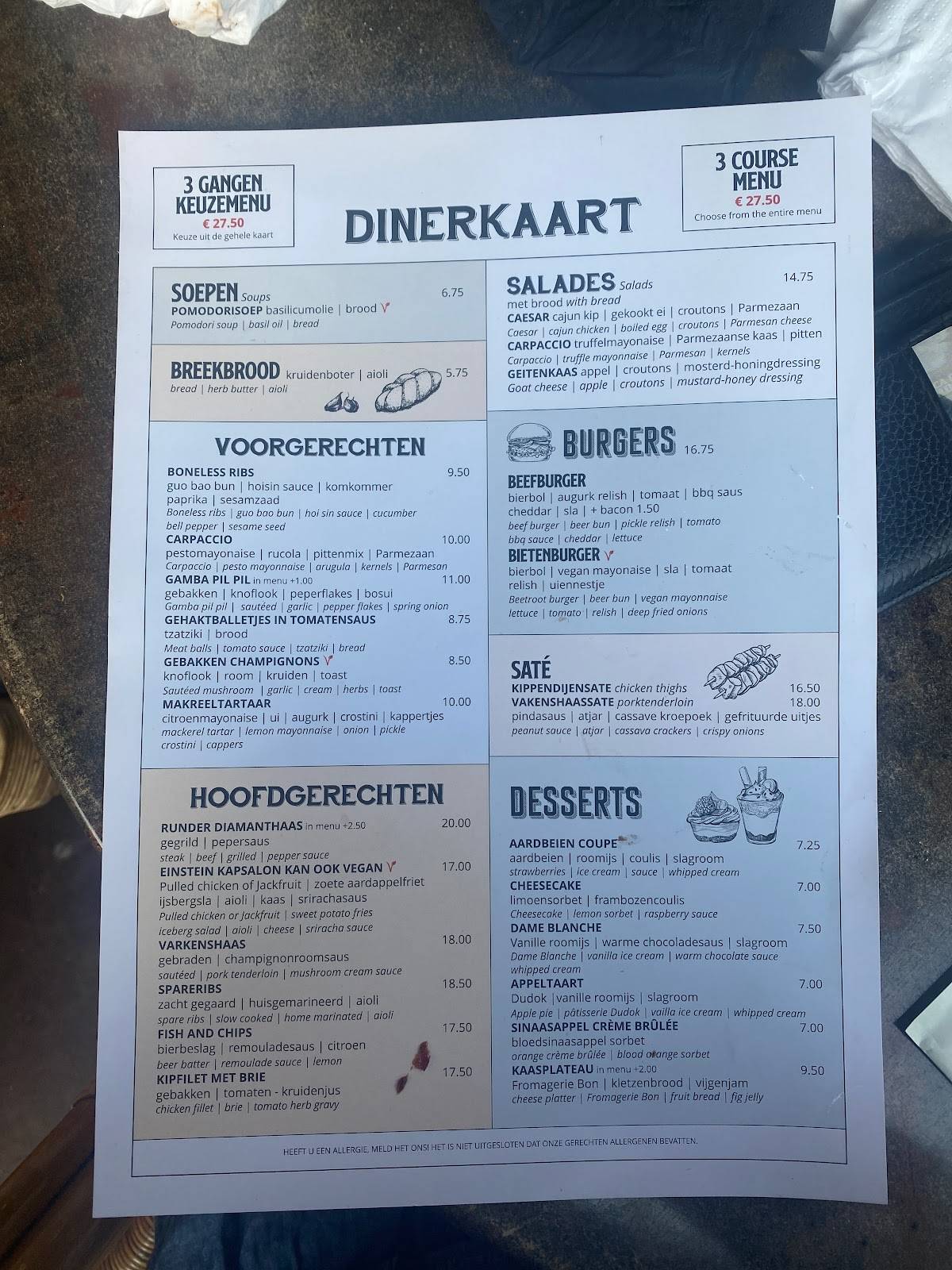 Menu at Einstein Leiden, Leiden