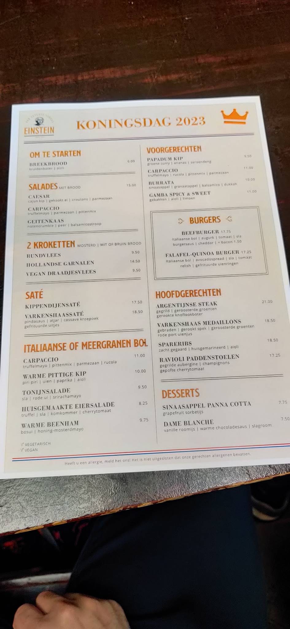 Menu at Einstein Leiden, Leiden