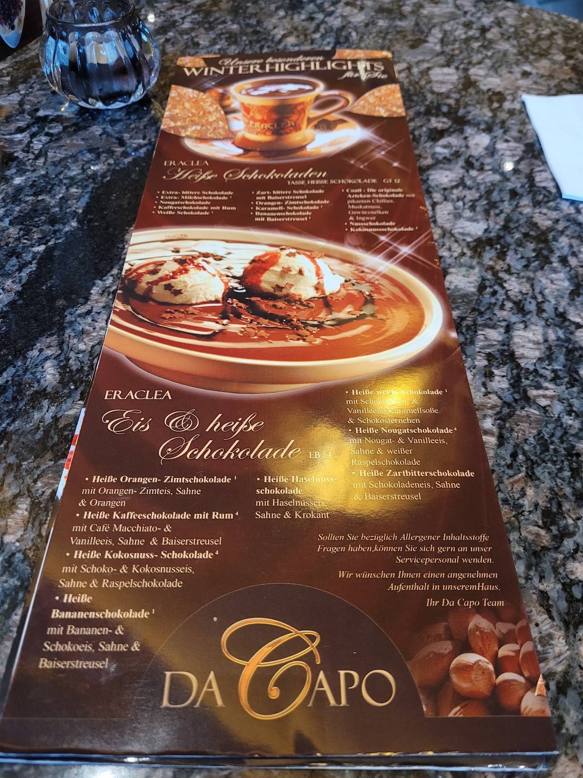 Menu au Eiscafé Da Capo, Cottbus, Marktstraße 14