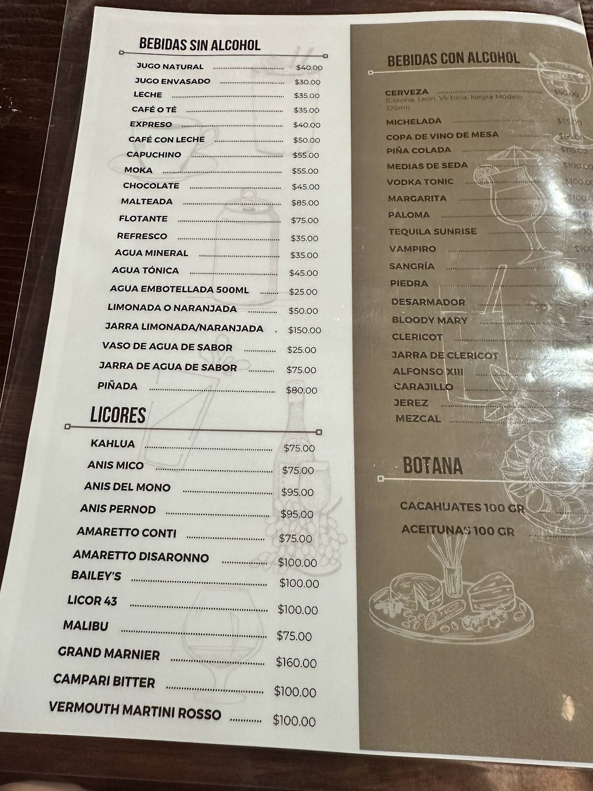 Carta del restaurante El Alazan, Ajacuba