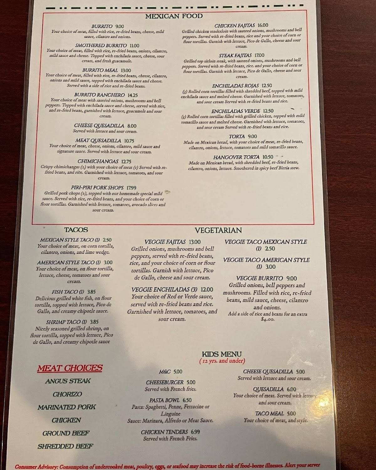Menu at El Bistro Taco restaurant, Green Bay