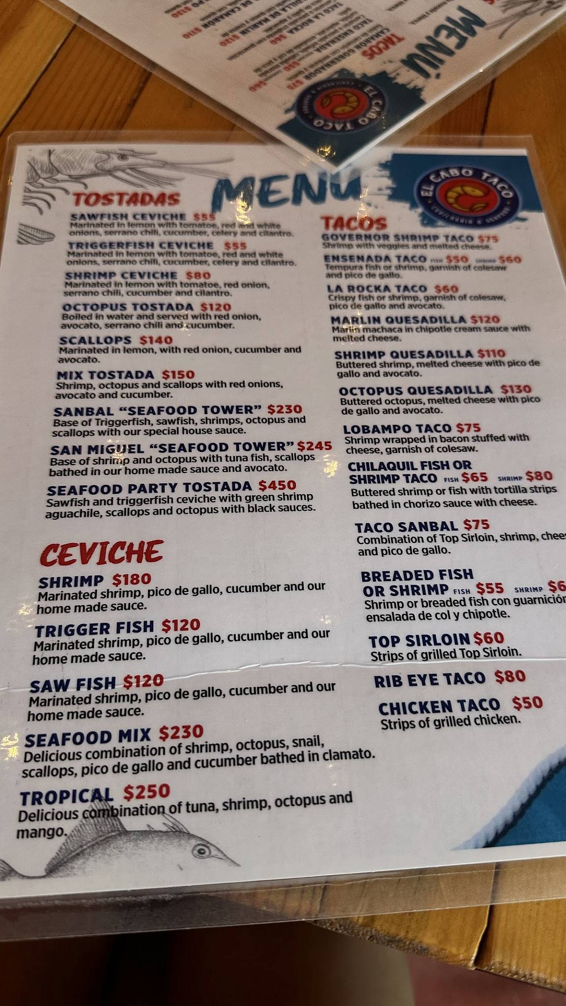 Carta del restaurante El Cabo Taco "Cevichería & Seafood", Puerto Peñasco