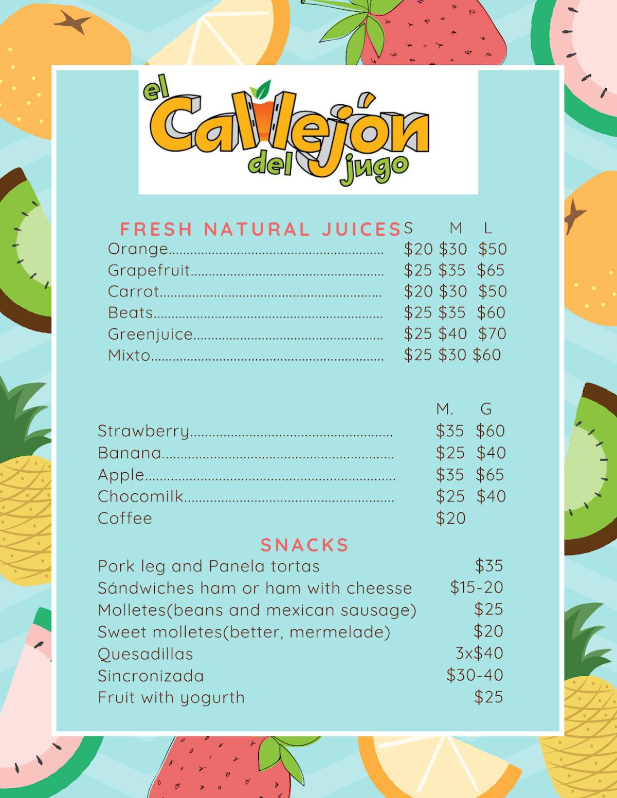 Menu at El Callejón del Jugo restaurant, Puerto Vallarta