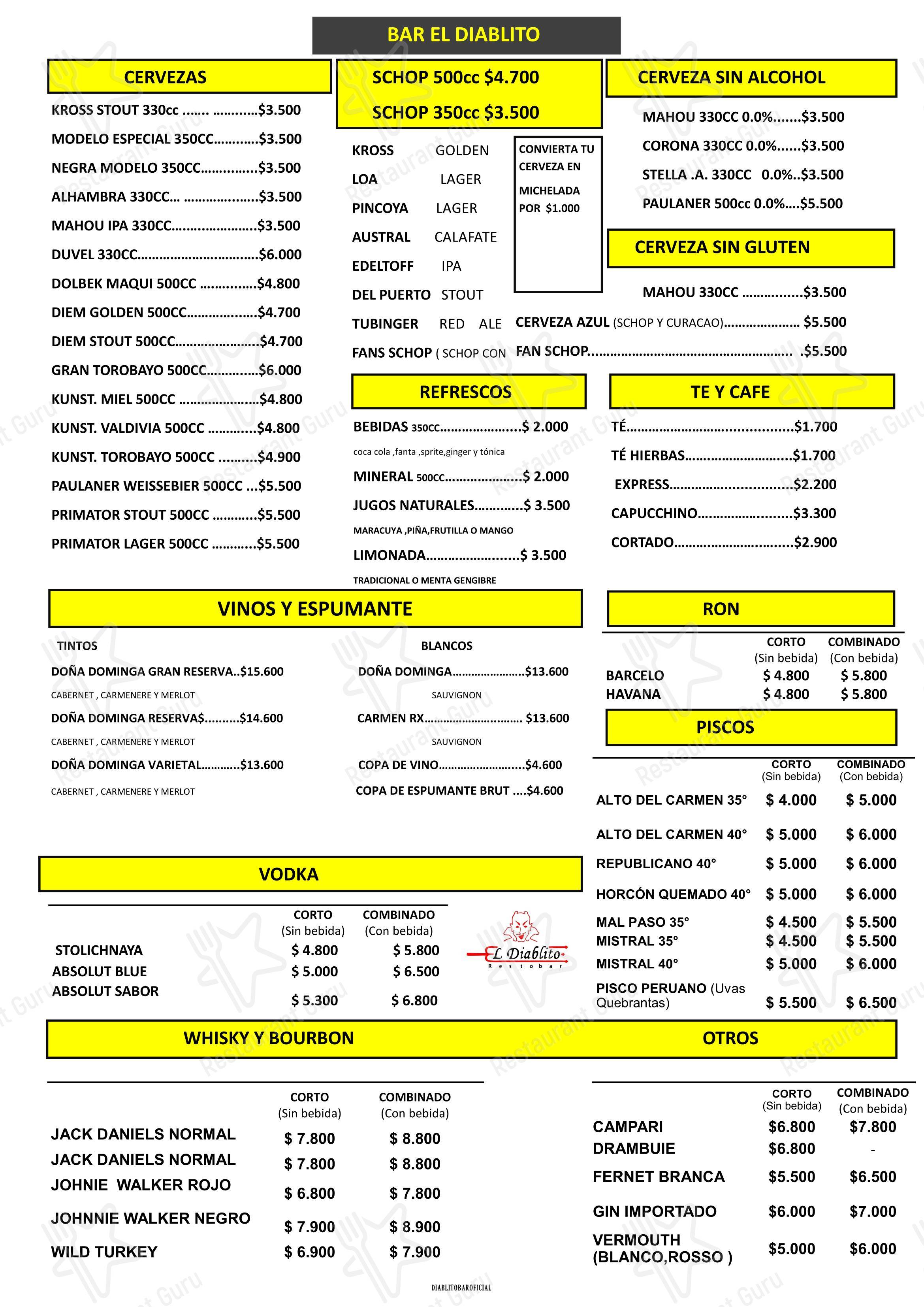 Menu at El Diablito pub & bar, Santiago