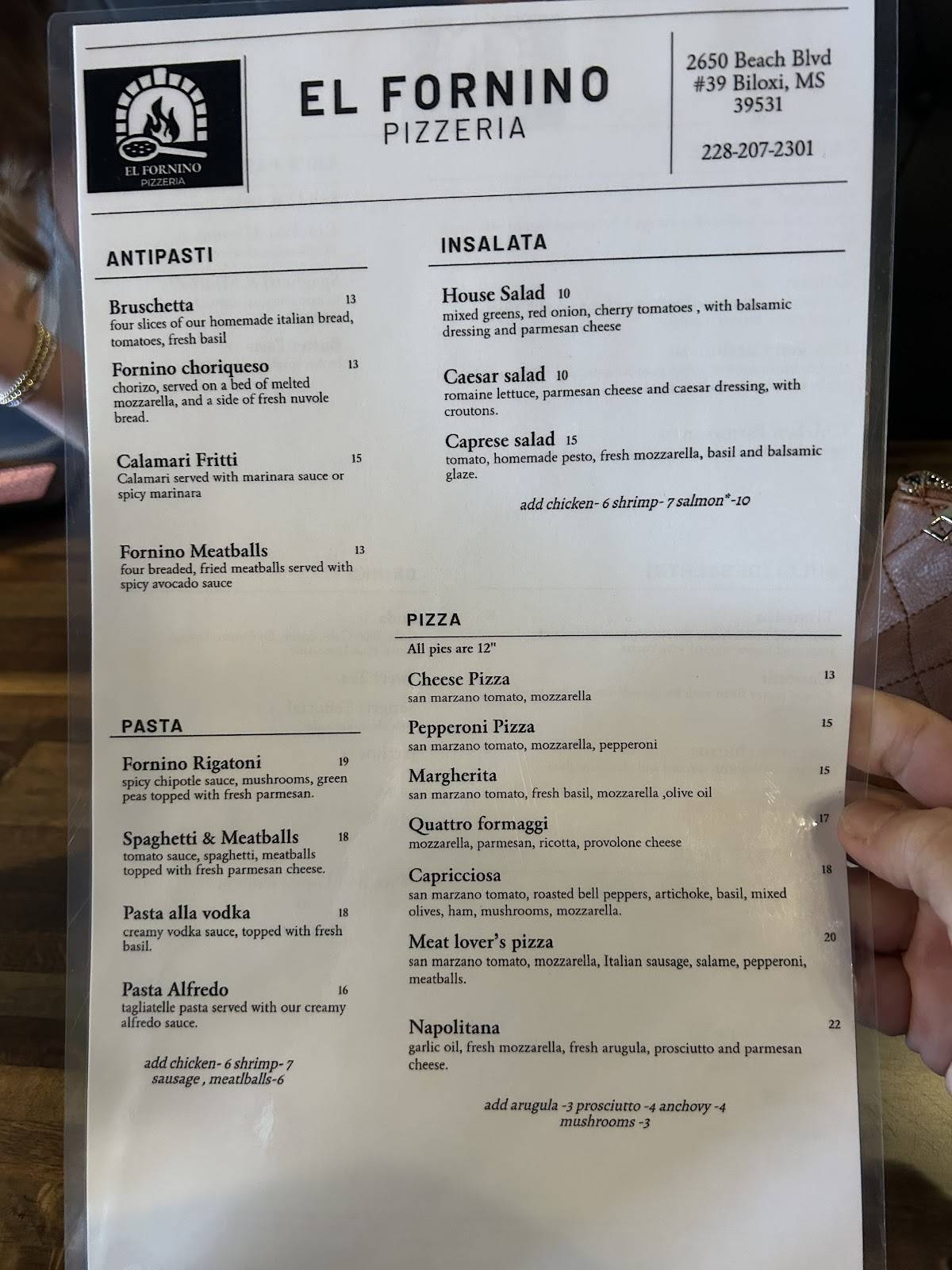 Menu at El Fornino Pizzeria, Biloxi
