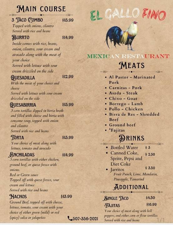 Menu at El Gallo Fino Mexican Restaurant, Pine Island