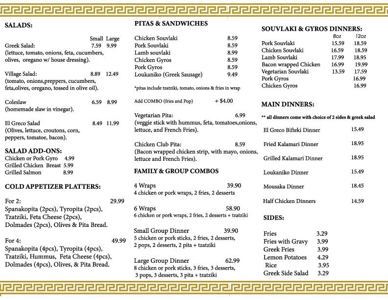 Carta de El Greco - Greek Restaurant, Pickering