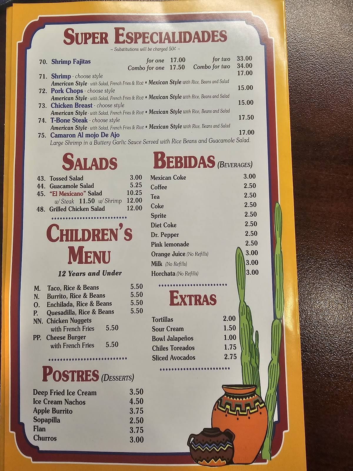 Menu at El Mexicano restaurant, LaPlace