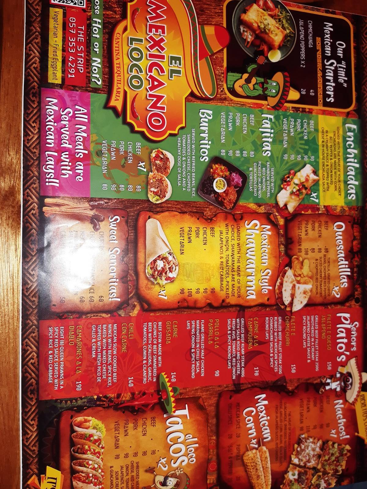 Menu au El Mexicano Loco restaurant, Welkom
