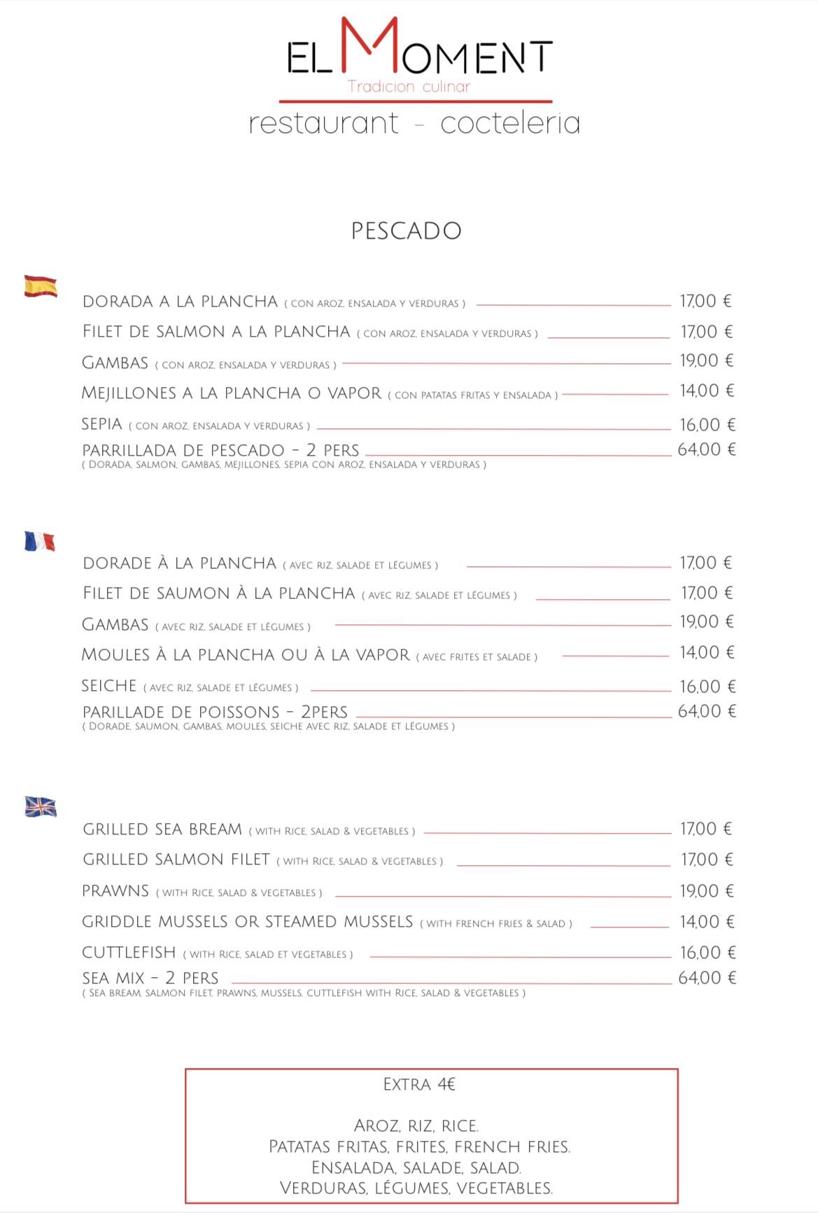 Carta del restaurante El Moment Blanes, Blanes