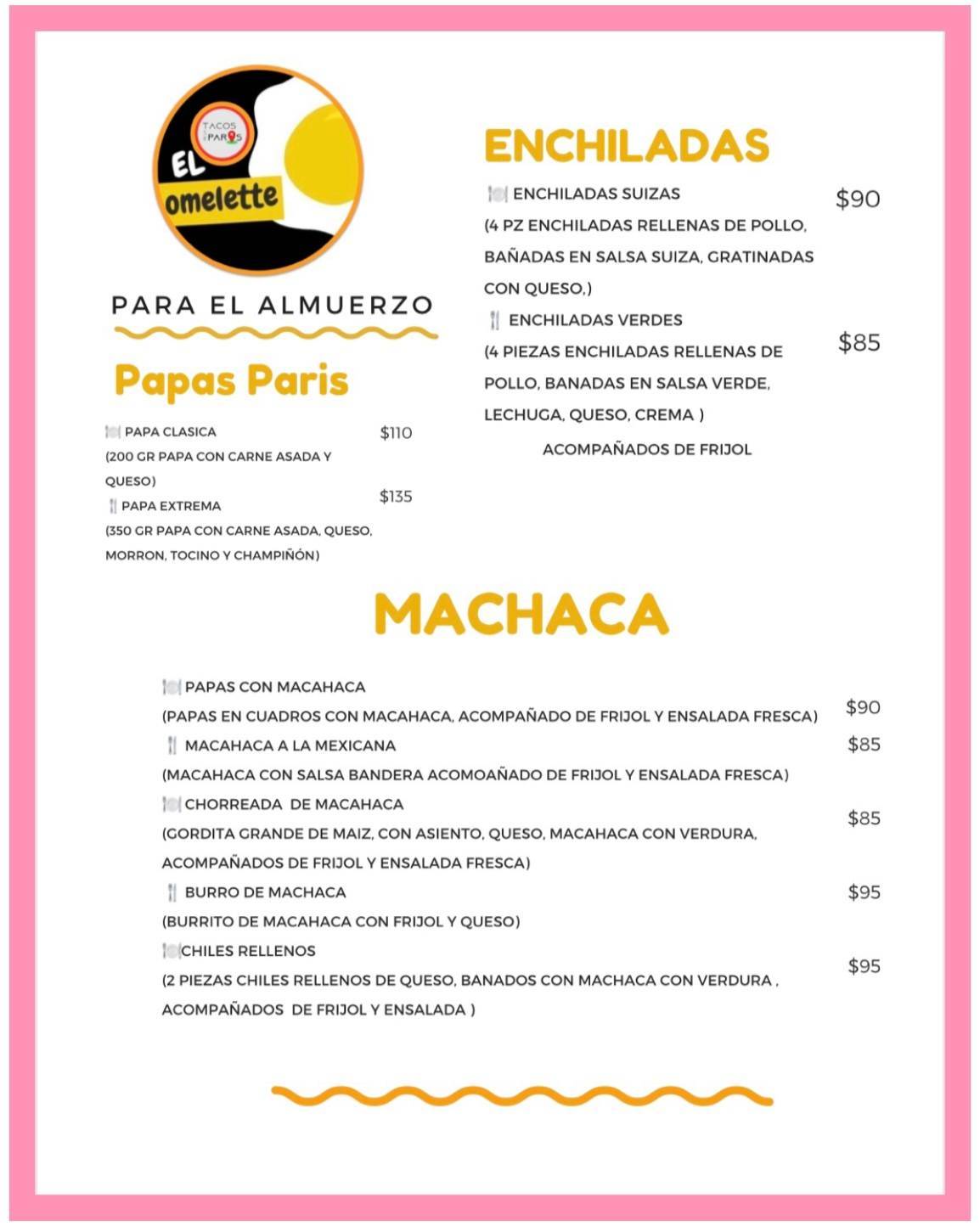Carta del restaurante El Omelette, Ciudad Obregón