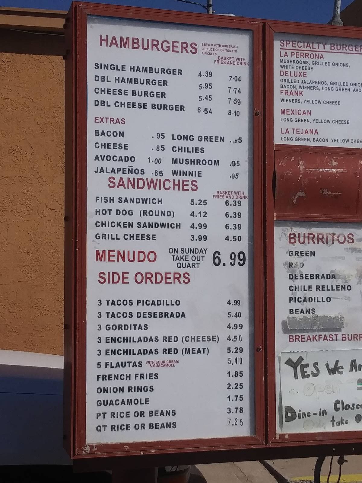 Menu at Happy Burger restaurant, El Paso