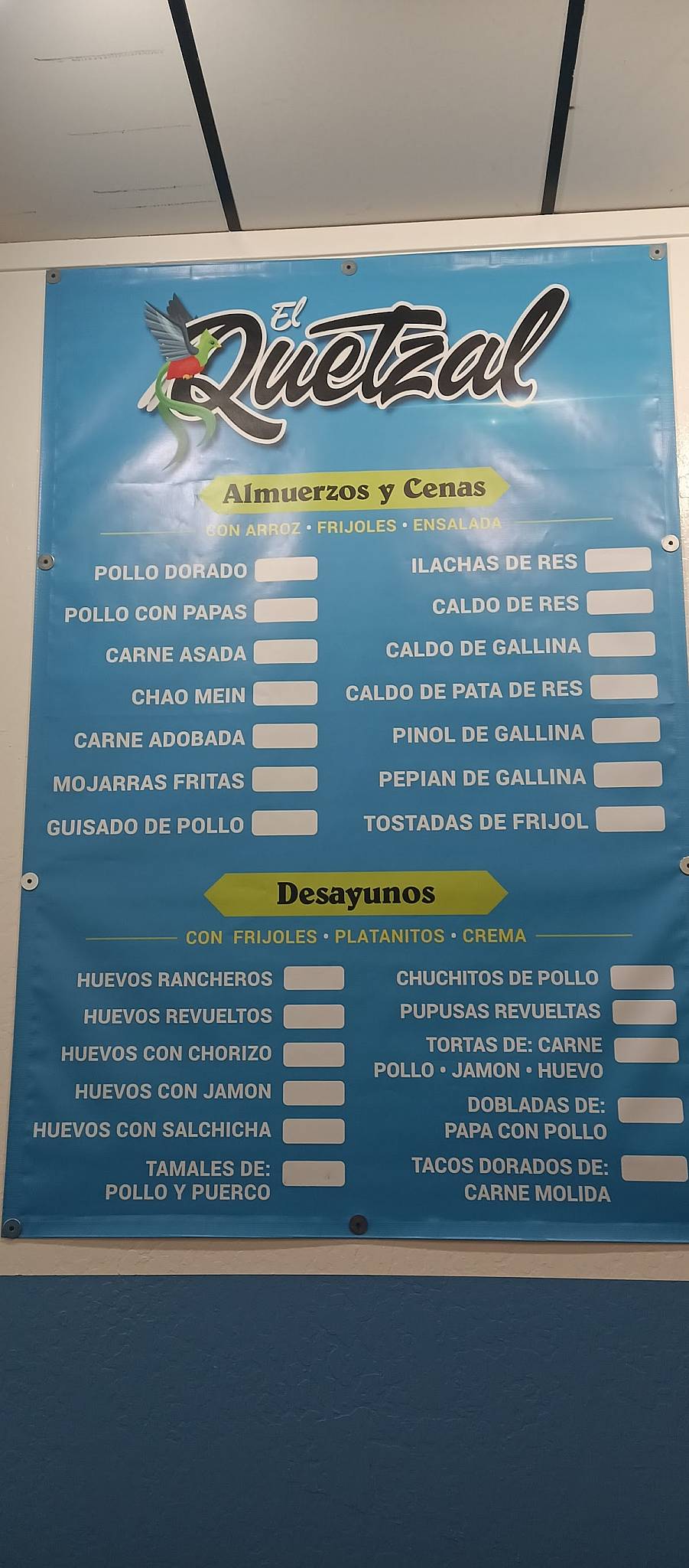 Carta del restaurante El Quetzal comida Guatemalteca, Burlingame