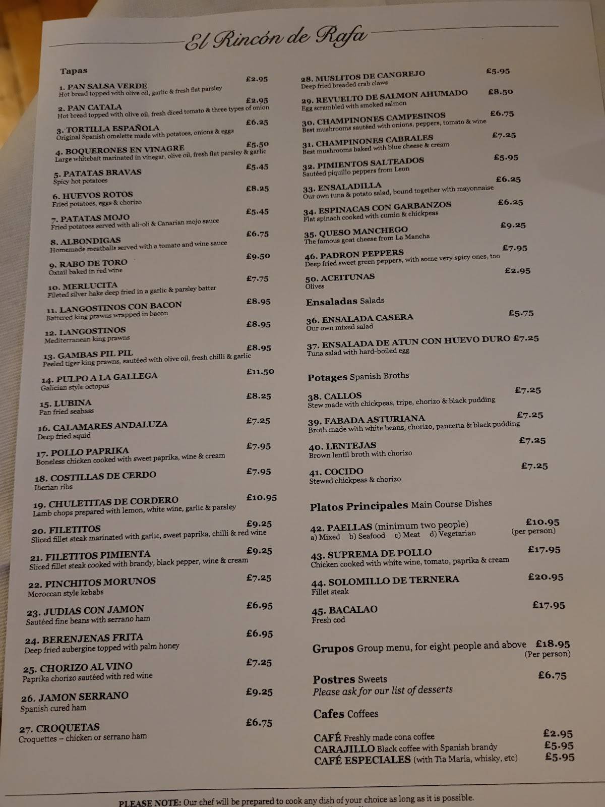 Menu at El Rincon de Rafa restaurant, Manchester