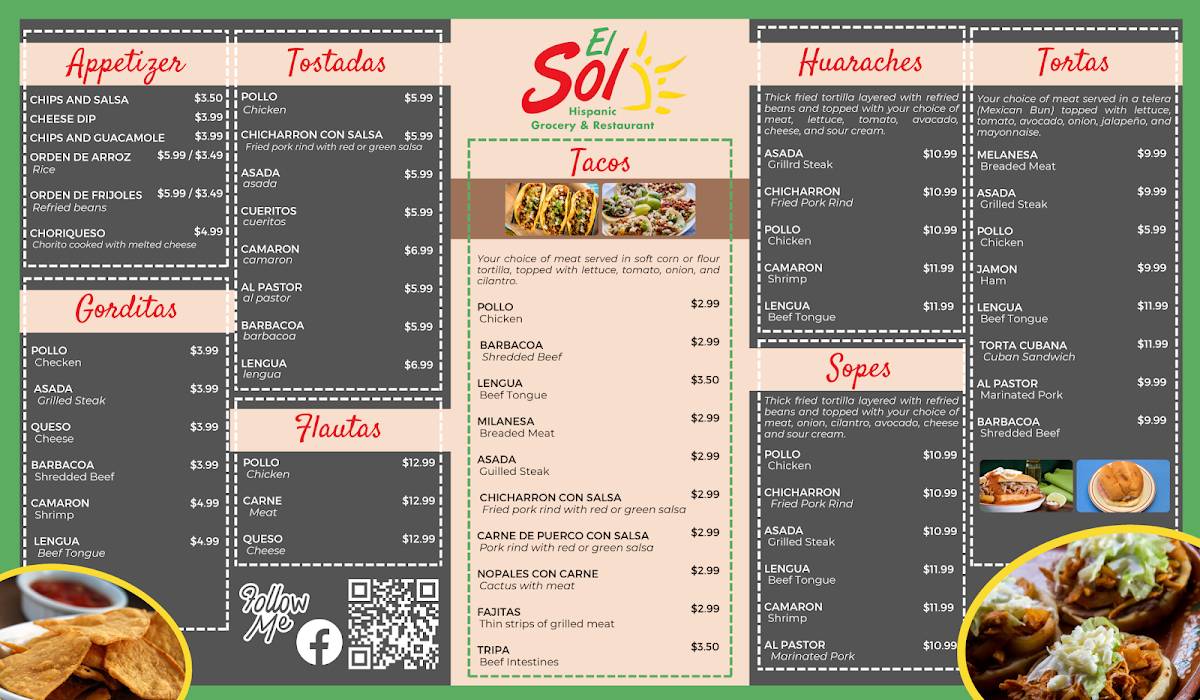 Menu at El Sol Hispanic Grocery and Restaurant, Calhoun
