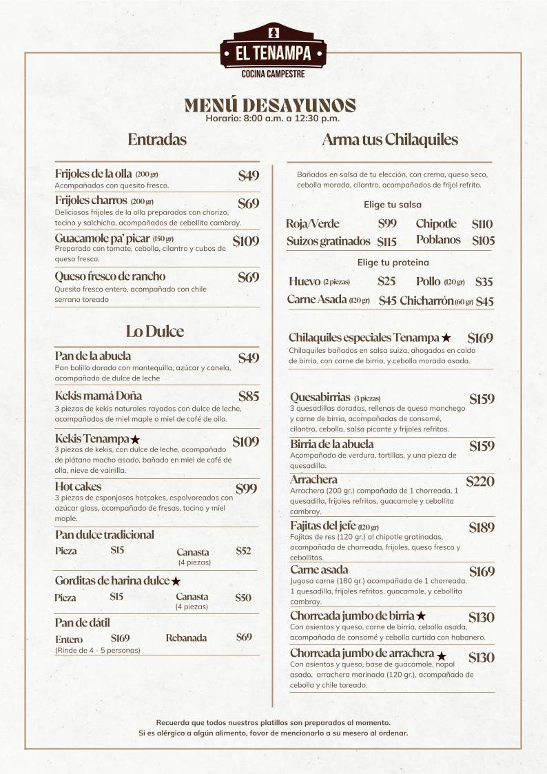 Carta de El Tenampa Restaurante Campestre, Mazatlán
