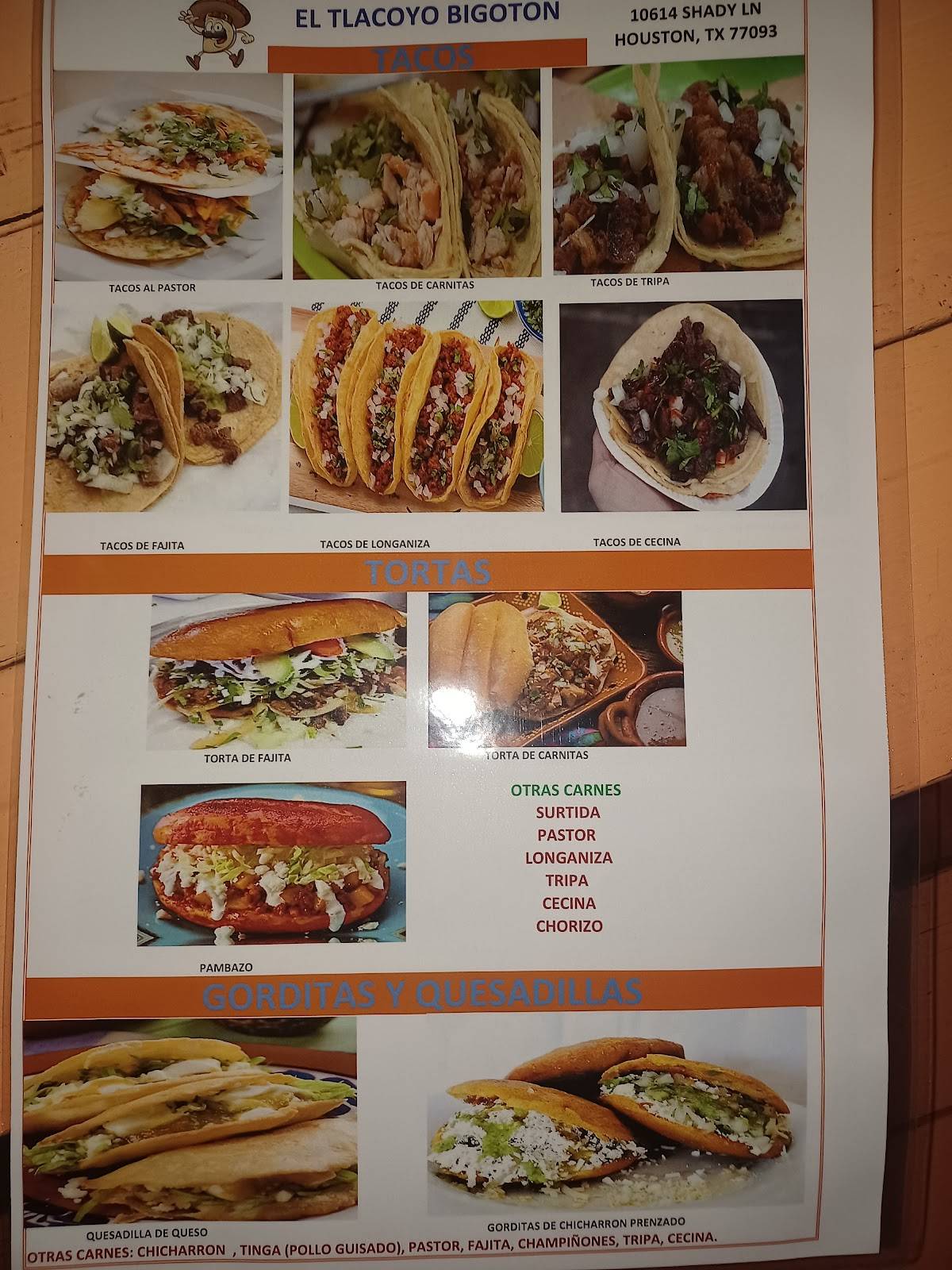 Carta del restaurante El Tlacoyo Bigoton (Food Truck), Houston