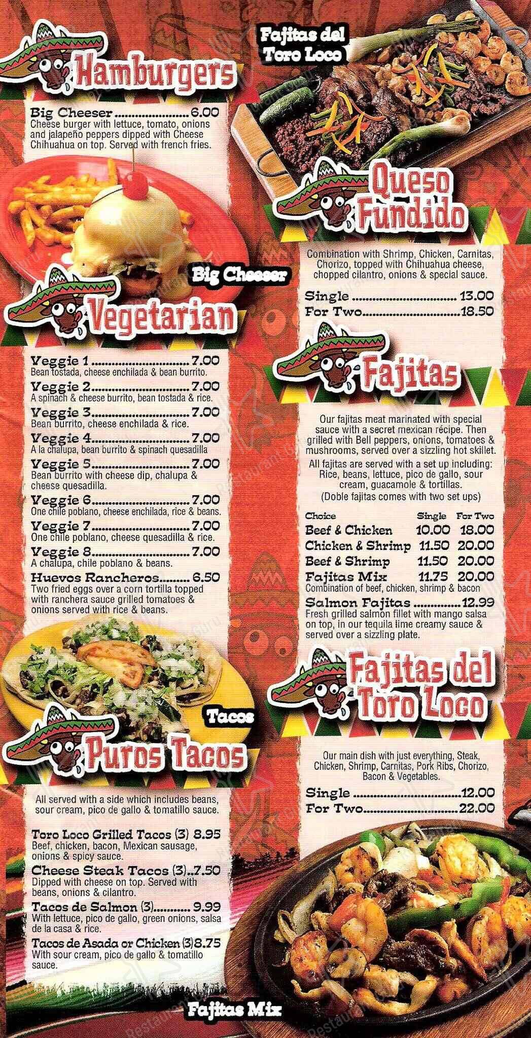 Menu at El Toro Loco restaurant, Memphis, Poplar Ave