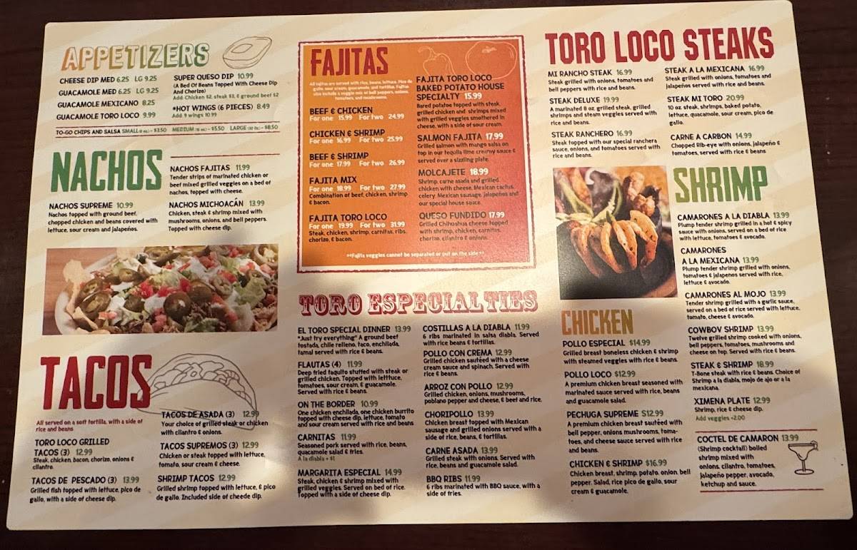 Menu at El Toro Loco restaurant, Memphis, Poplar Ave