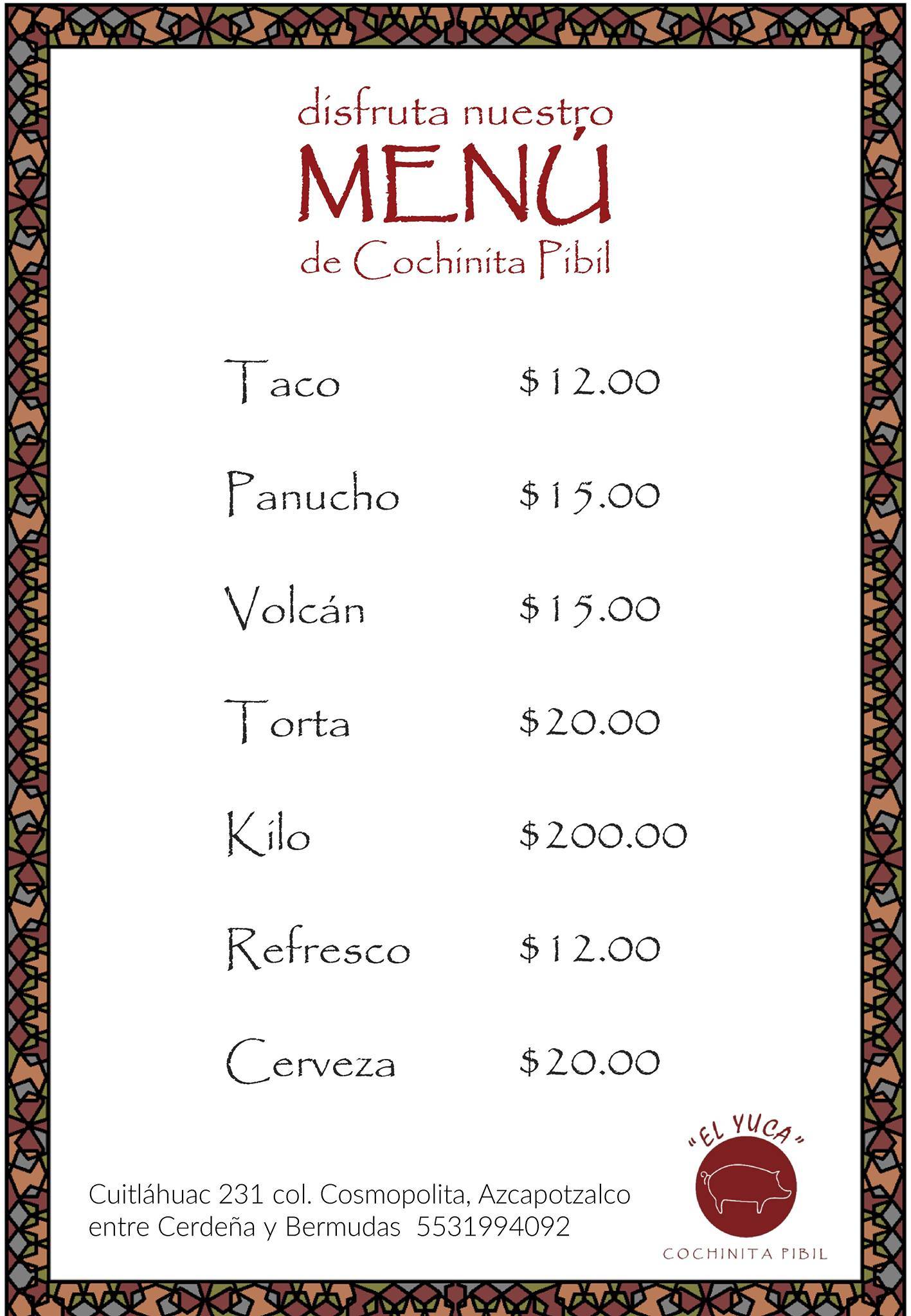 Carta del restaurante El Yuca Cochinita Pibil, Ciudad del México