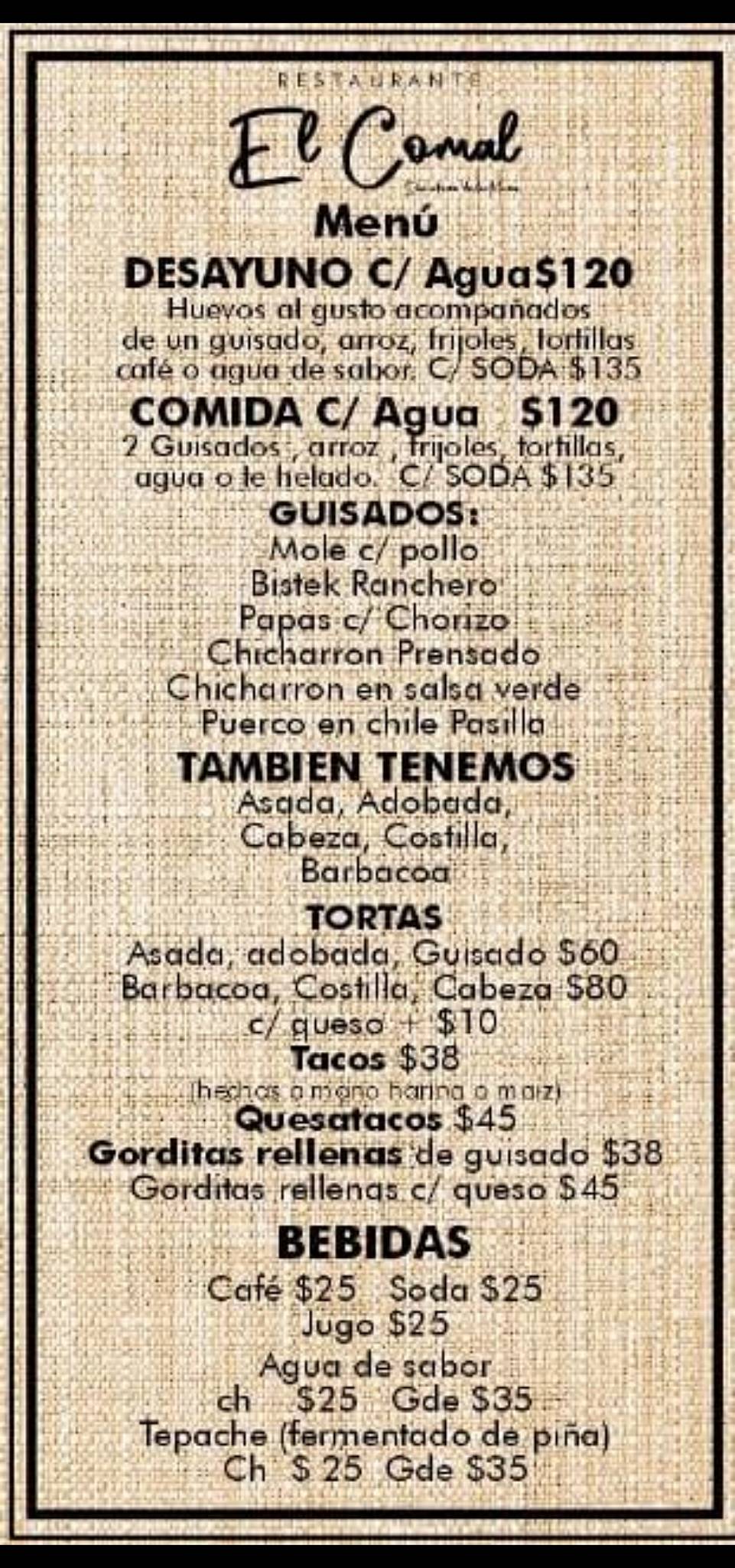 Menu at El comal de San Antonio restaurant, Ensenada