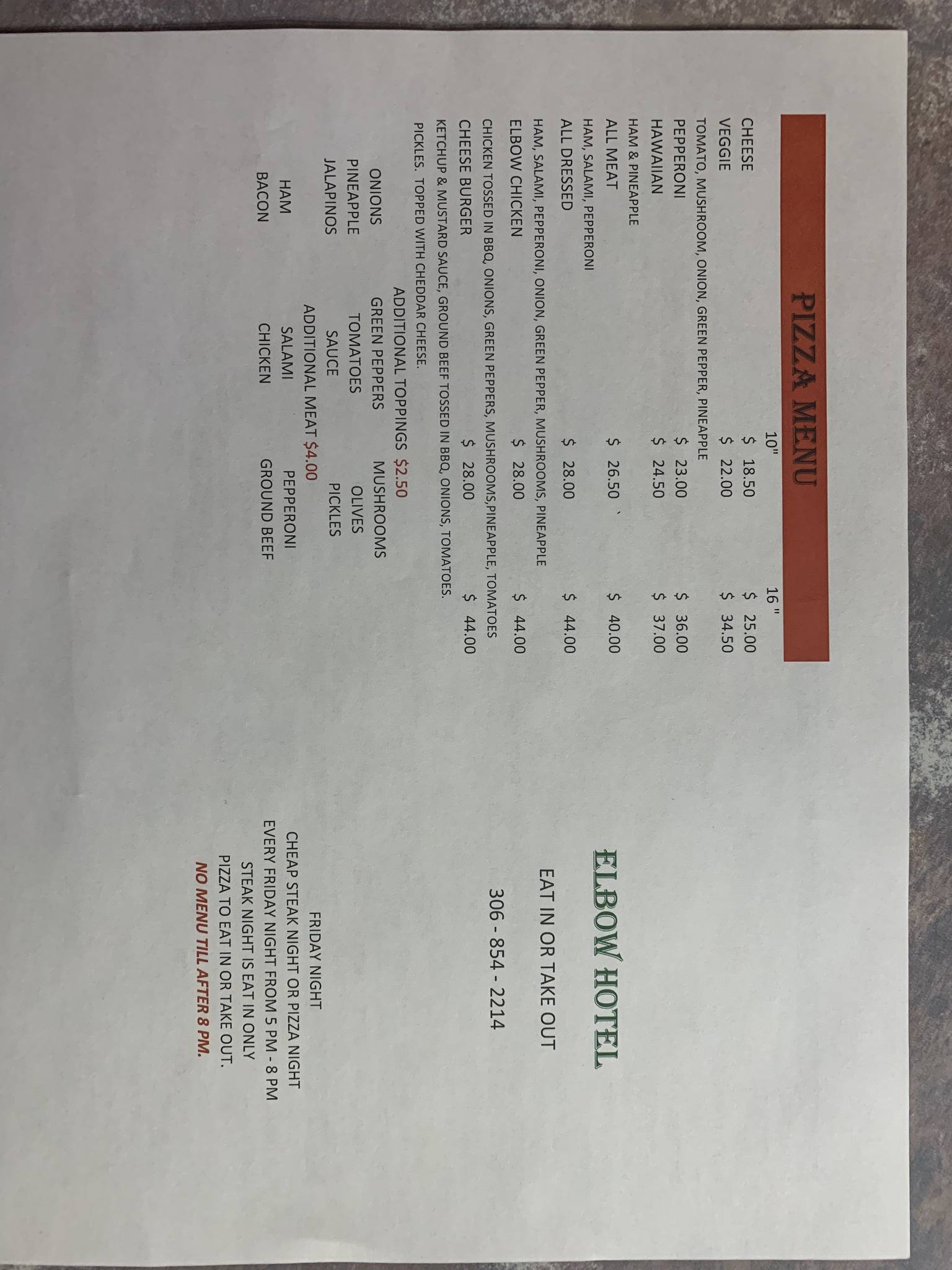 Menu at Elbow Hotel, Elbow