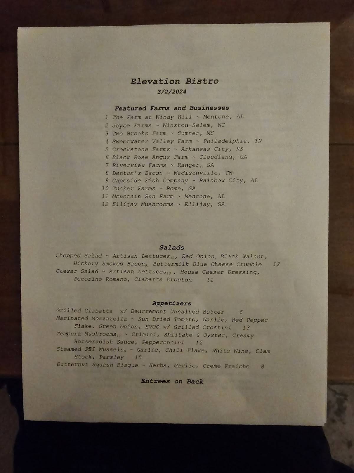 Menu at Elevation Bistro restaurant, Mentone