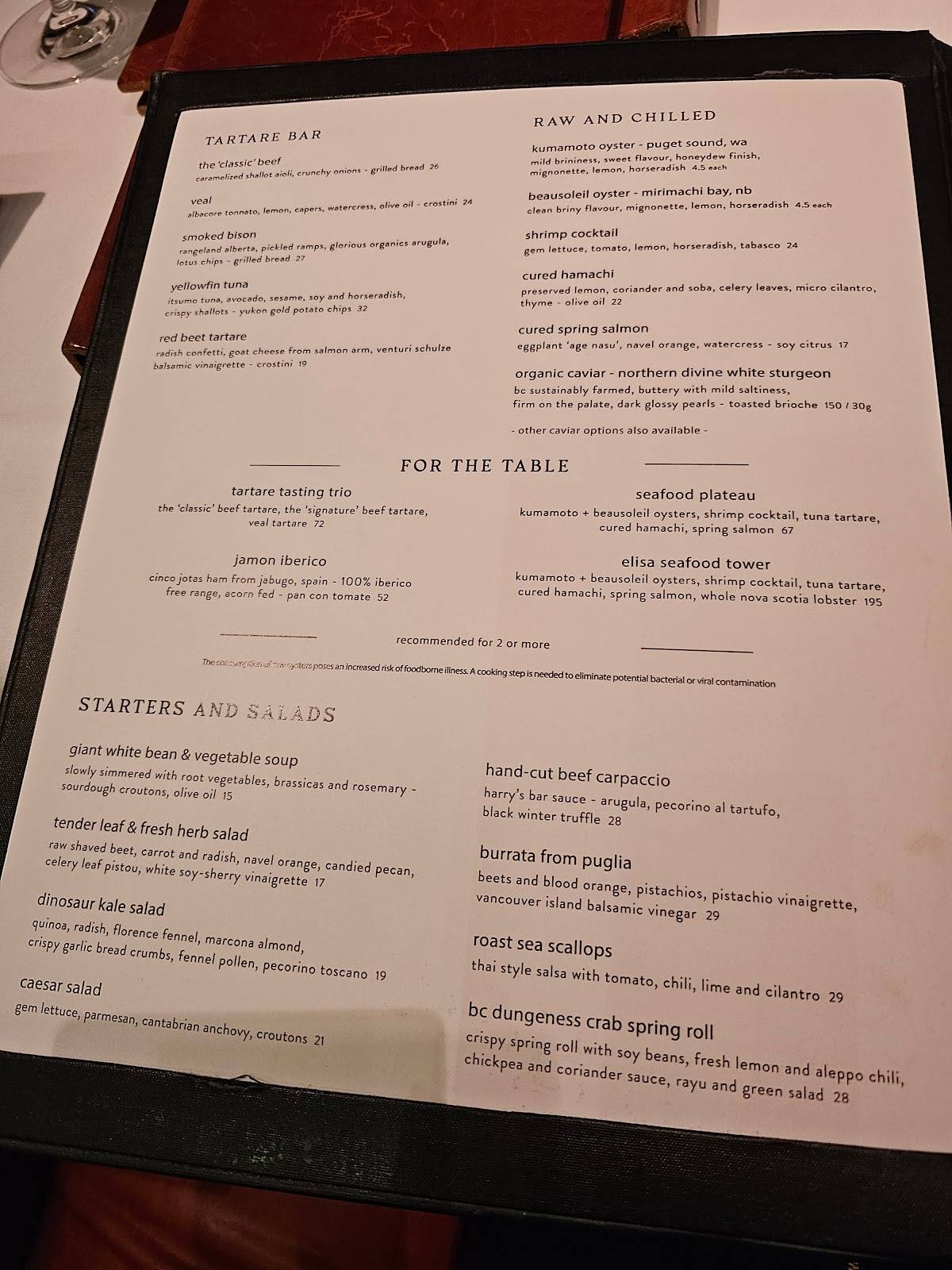 Menu at Elisa pub & bar, Vancouver
