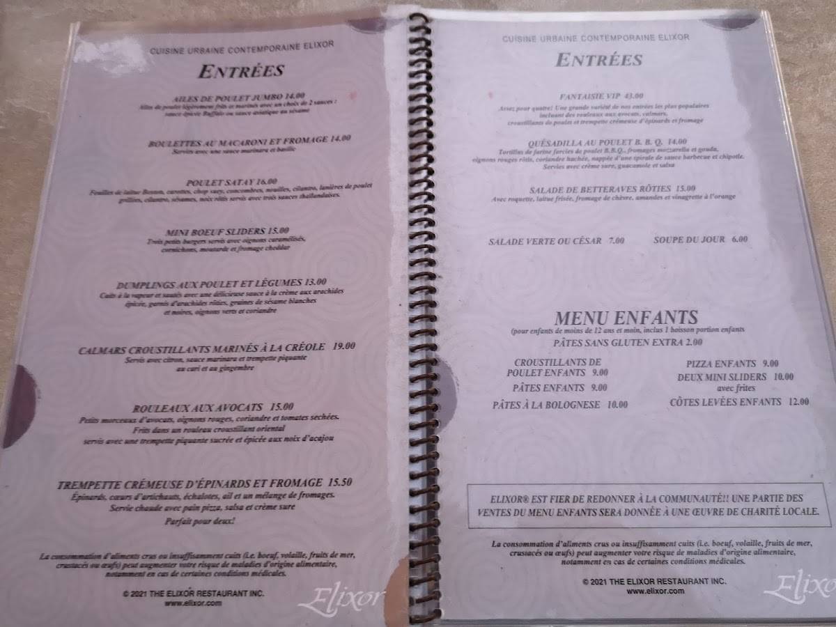 Menu au Elixor restaurant, Laval, Av. Pierre-Péladeau