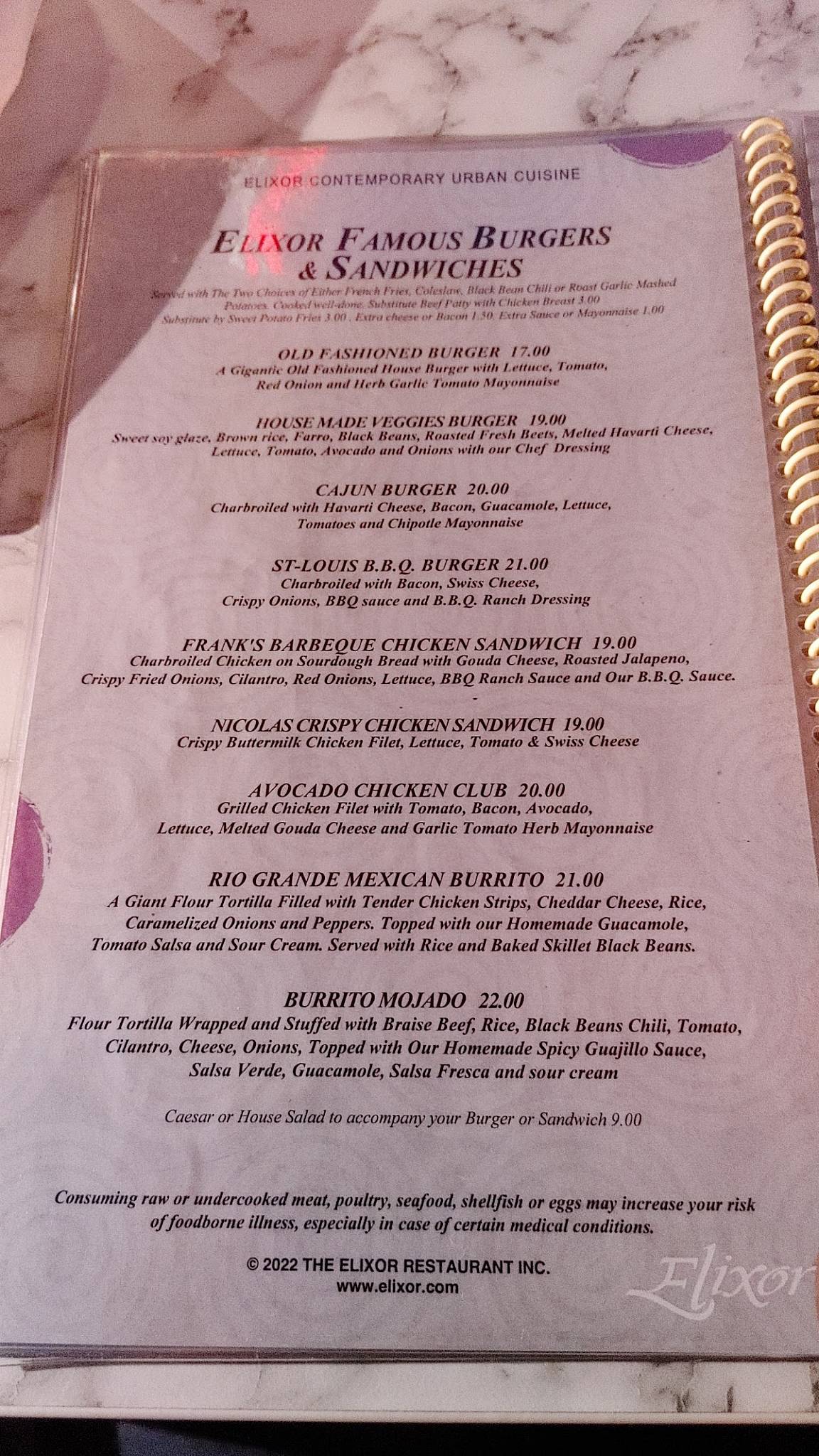 Menu au Elixor restaurant, Laval, Av. Pierre-Péladeau
