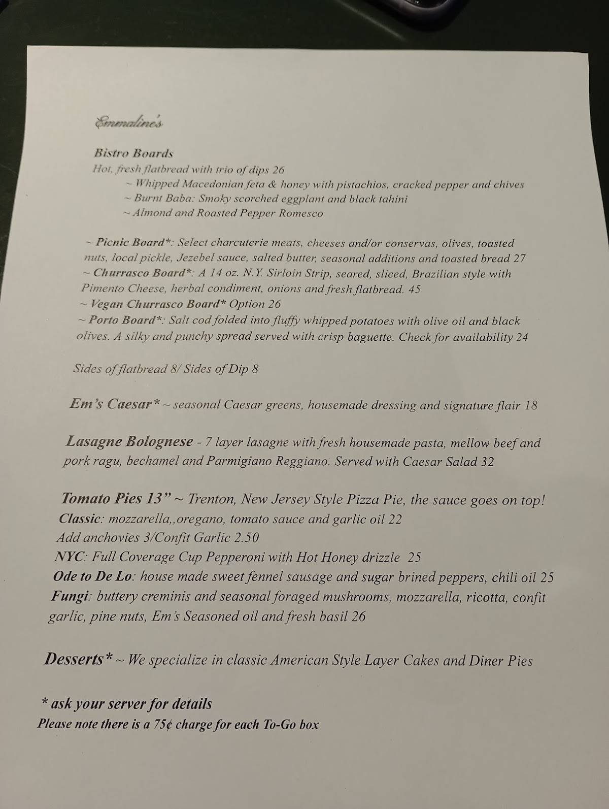 Menu at Emmaline's, Victoria