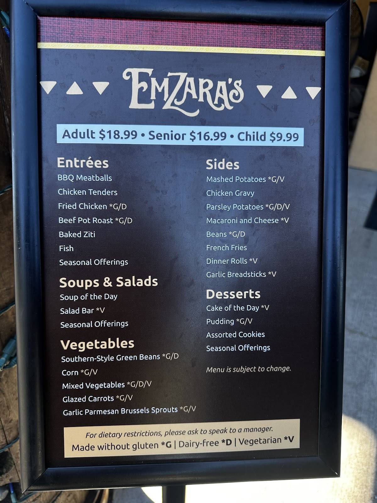 Menu at Emzara's Buffet restaurant, Williamstown, 1 Ark Encounter Dr