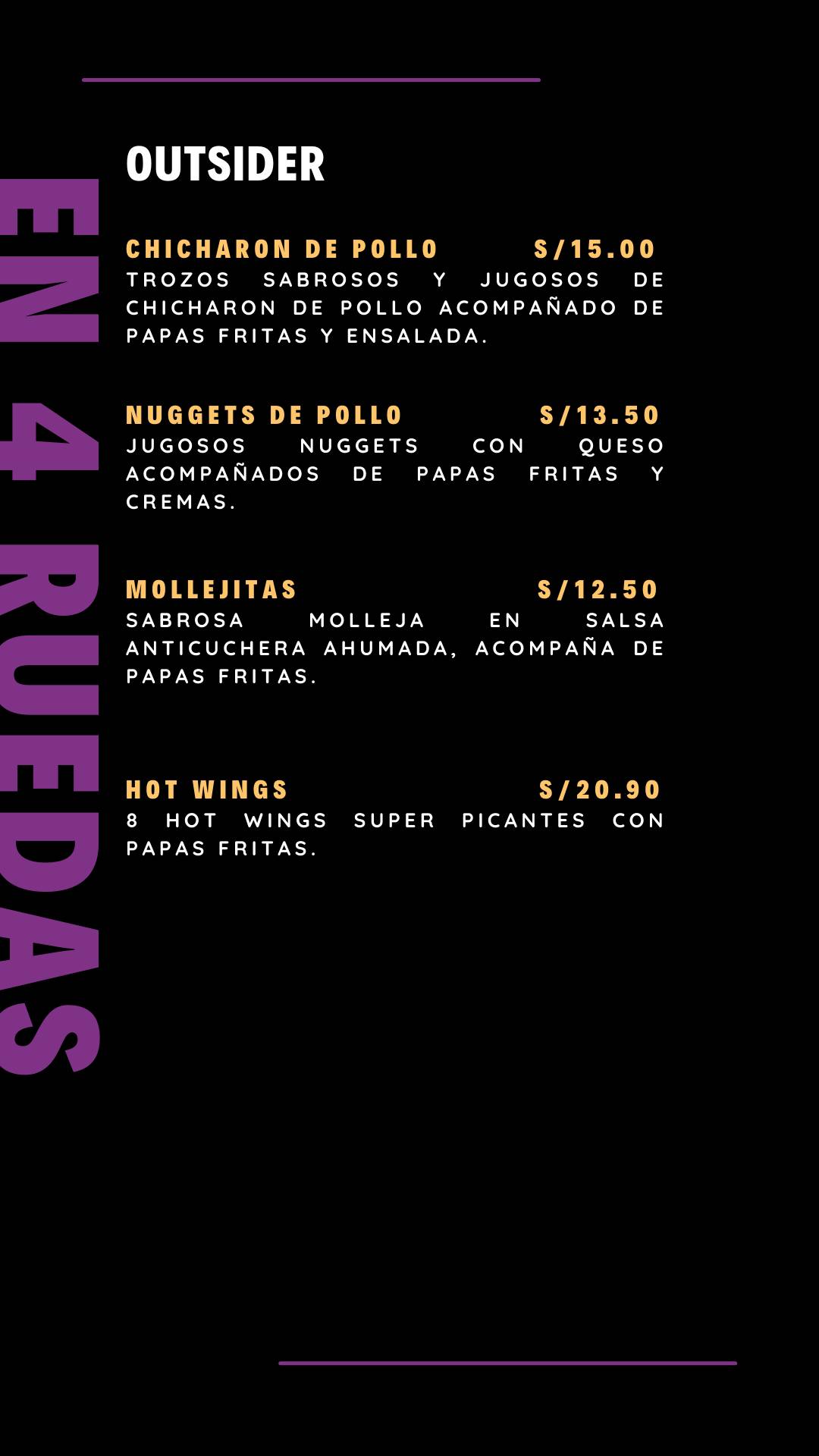 Carta del restaurante En 4 Ruedas Comida Rapida, Rimac