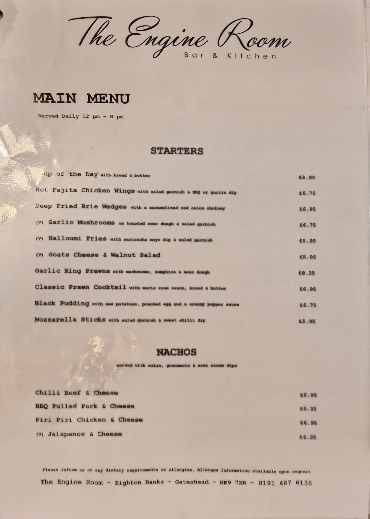 Menu at The Engine Room pub & bar, Gateshead