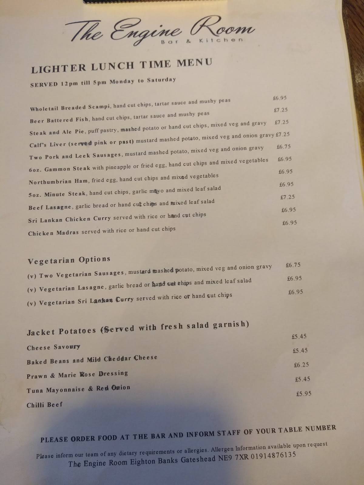 Menu at The Engine Room pub & bar, Gateshead