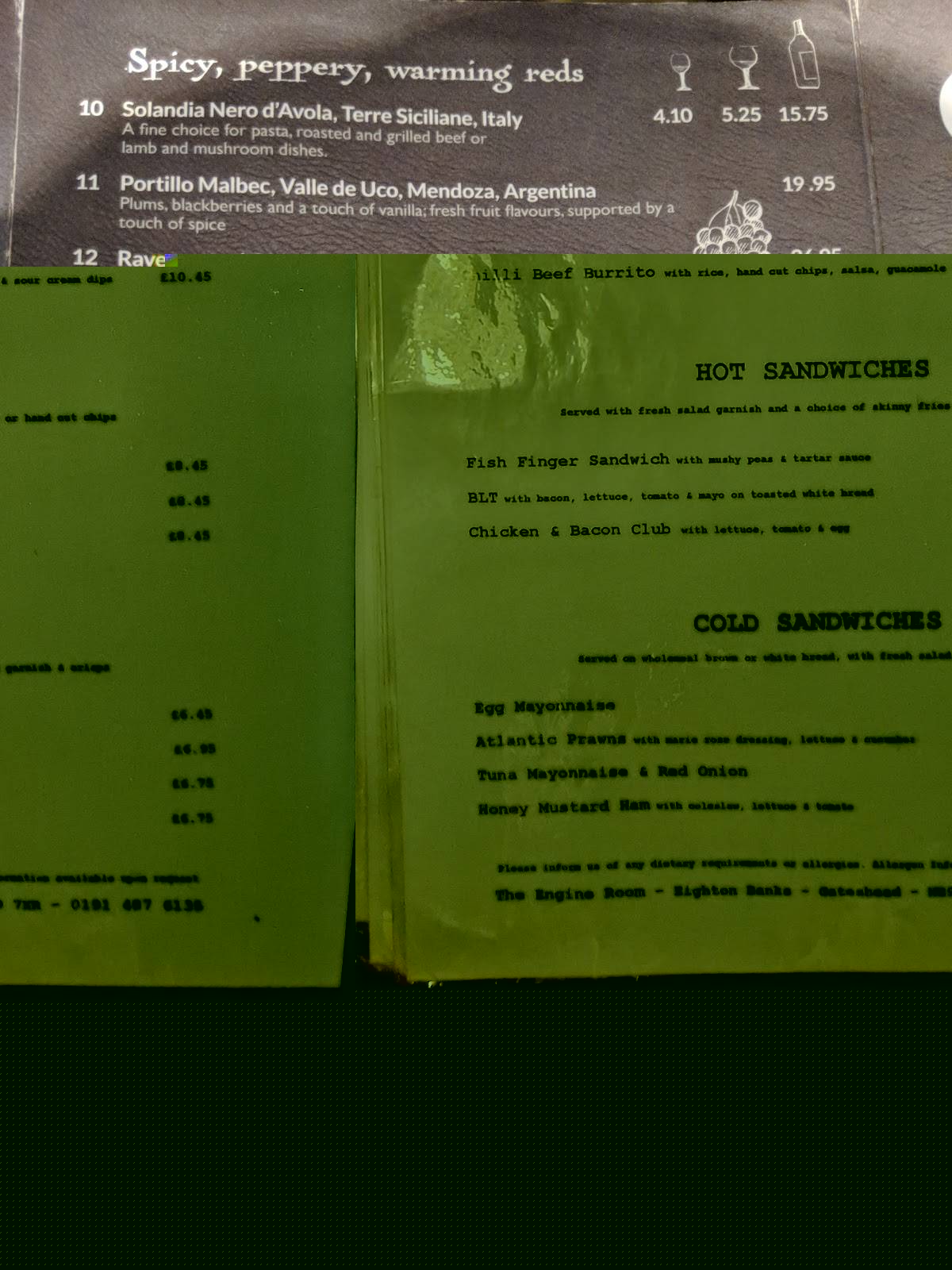 Menu at The Engine Room pub & bar, Gateshead