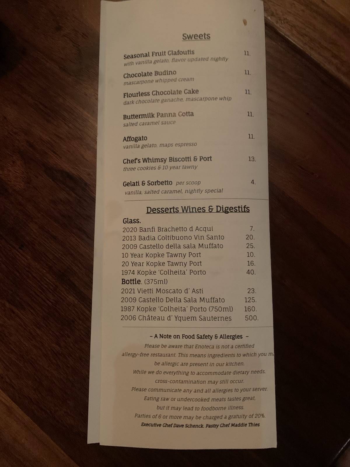Menu at Enoteca pub & bar, Ketchum