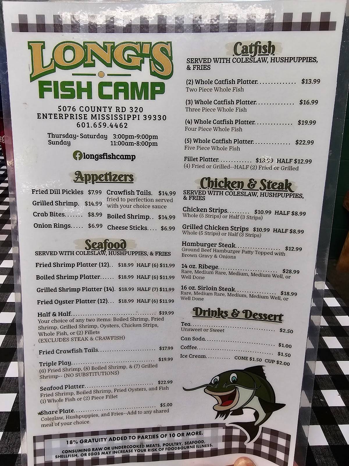 Menu at Long's Fish Camp restaurant, Enterprise