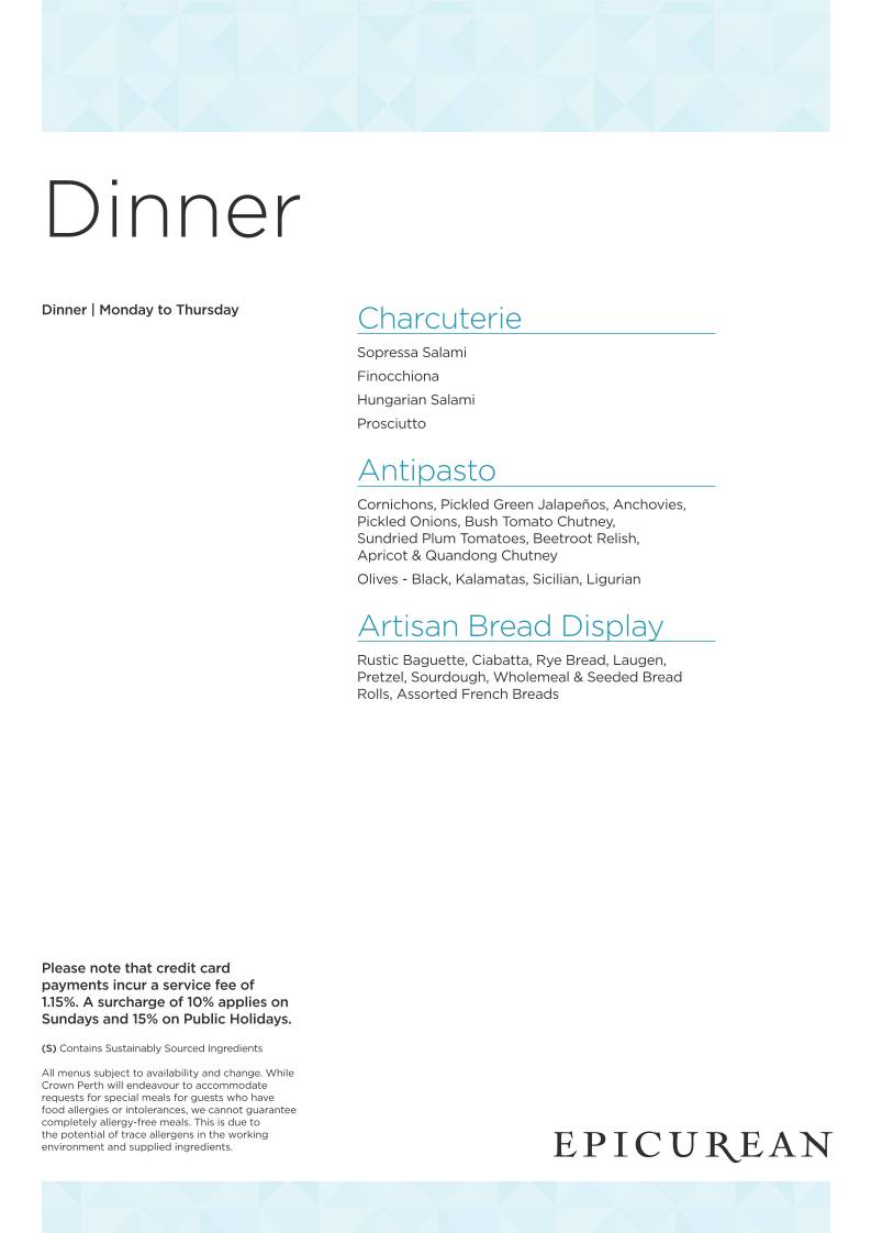 Menu at Epicurean restaurant, Burswood