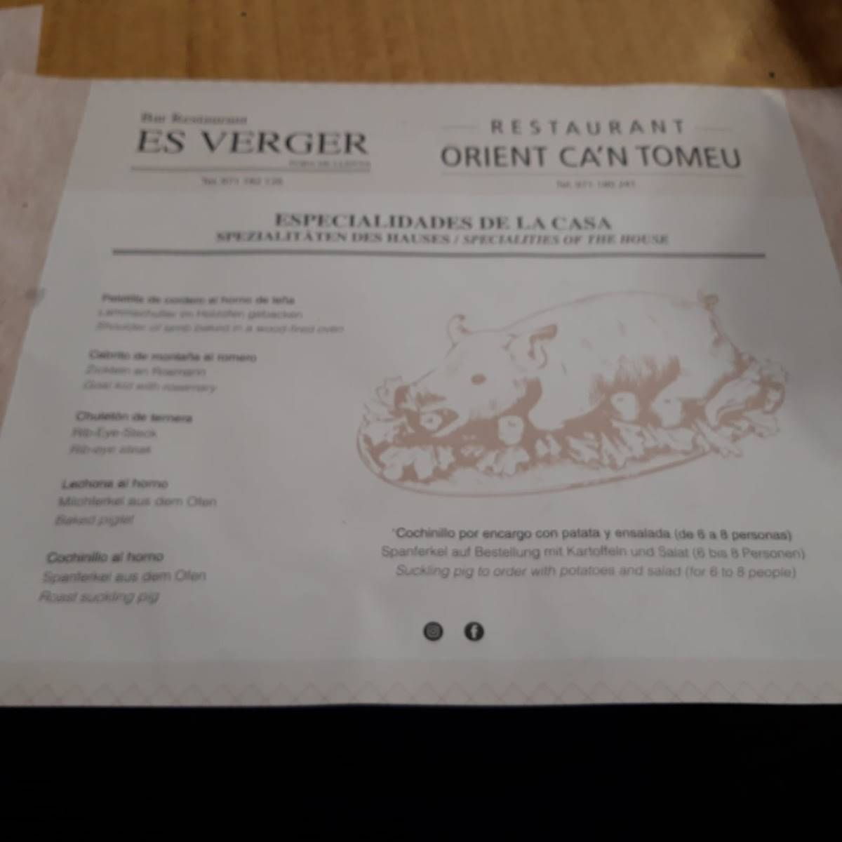 Menu at Es Verger restaurant, Alaró, PQHQ+P8