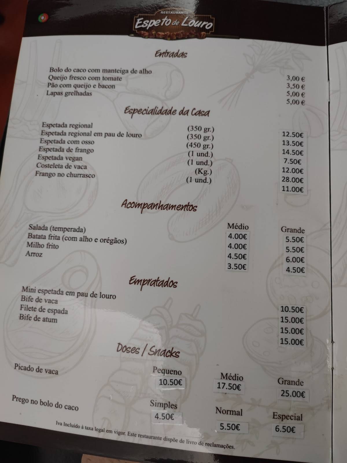 Menu em Espeto de Louro restaurante, Estreito De Câmara