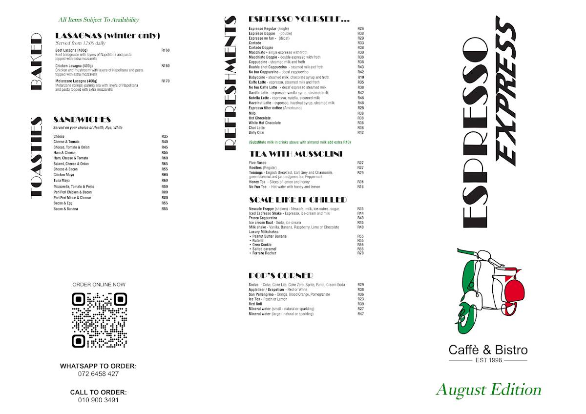 Menu at Espresso Express restaurant, Randburg