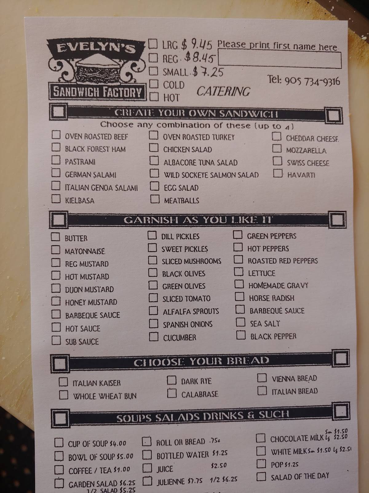 Menu at Evelyn's Sandwich Factory restaurant, Welland
