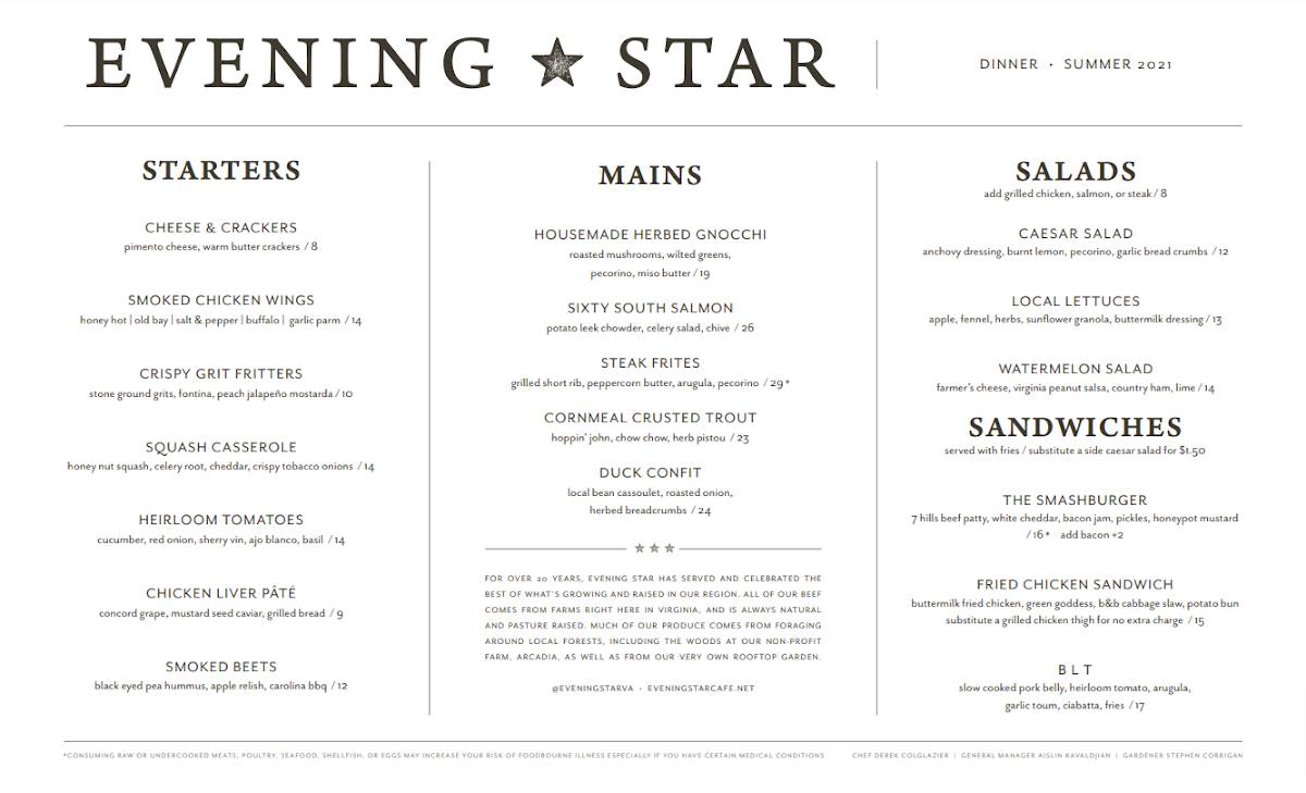 Menu at Evening Star Cafe, Alexandria