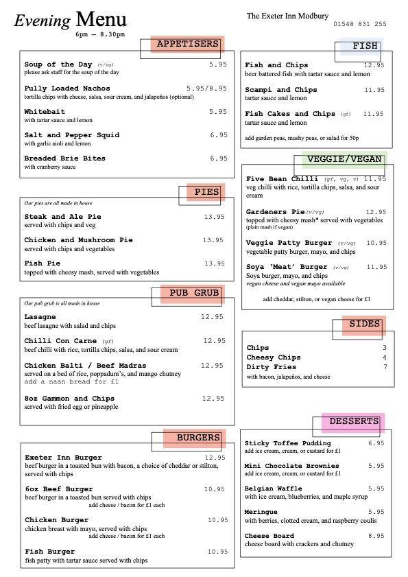 Menu at Exeter Inn pub & bar, Modbury, Church Street