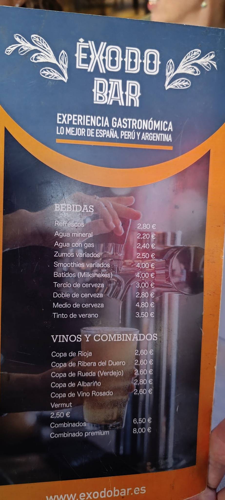 Menu at Éxodo Bar, Madrid