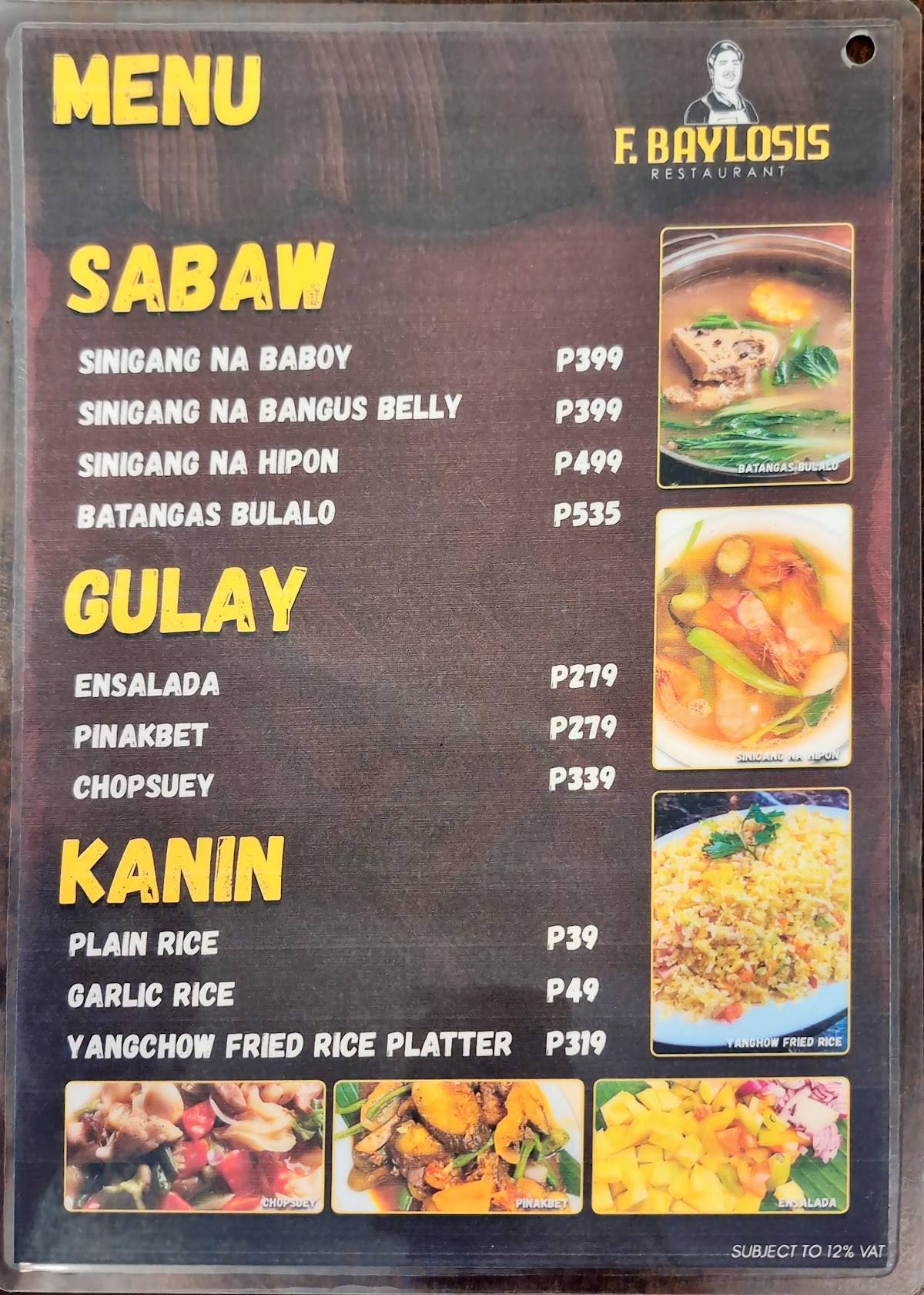 Menu at F. Baylosis Crispy Pata & Chicken restaurant, Batangas