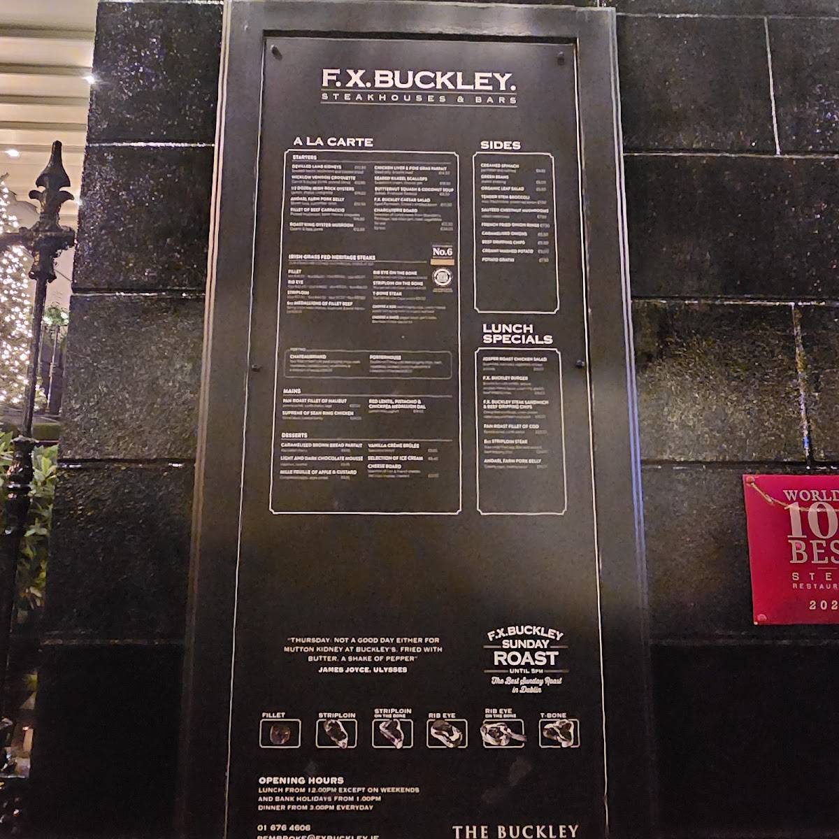 Menu at F.X. Buckley Steakhouse Pembroke Street, Dublin, 1A Pembroke ...